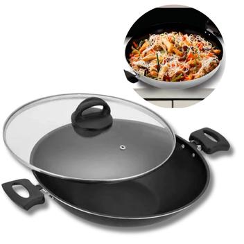 Panela Wok 29cm Com Tampa de Vidro e Alças Saltear Flambar Yakissoba ...