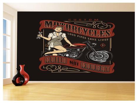 Papel De Parede 3D Moto Retrô Arte Pinup Custom 3,5M Bkm136 - Você ...