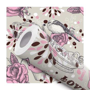 Papel de Parede Adesivo Rosa Bege Café Cupcake Bule Pássaro Cozinha ...