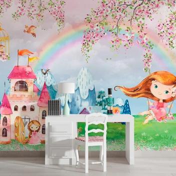 Papel de Parede jardim encantando com castelo e menina no balanço com ...
