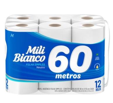 Papel Higiênico MILI BIANCO 60m 12un - Folha Simples - Papel Higiênico ...