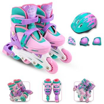Patins Infantil 4 Rodas Inline e Triline Tam 30 ao 33 + Kit de Proteção ...