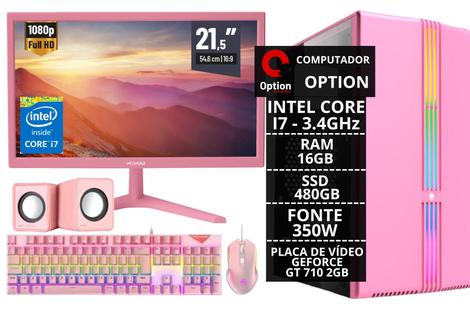 Pc Gamer Completo Rosa I7 16GB SSD 480gb GT710 + Monitor Rosa + Kit ...