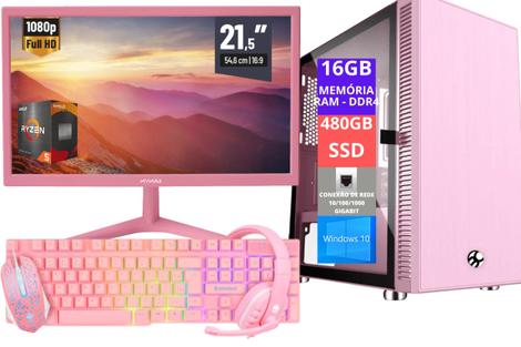 PC Gamer Completo Rosa Ryzen 5 5600G 16 GB 480 GB Vega 7 Monitor 21,5 ...