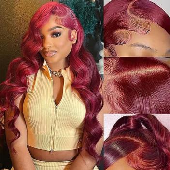 Perucas frontais de renda Diwionte 99J Burgundy Human Hair 20cm ...