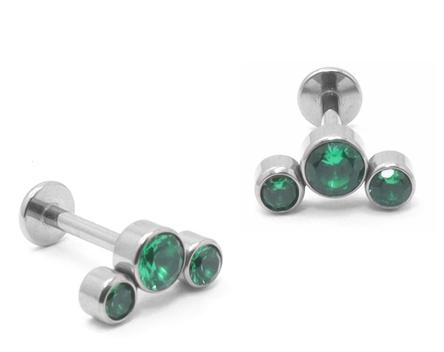 Piercing Cluster em Titânio com 3 Pedras Zircônias Verde Rosca Interna ...