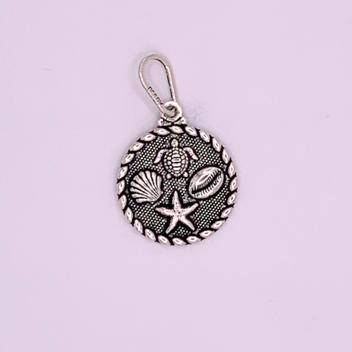 Pingente redondo envelhecido. búzio, estrela do mar, tartaruga e concha ...
