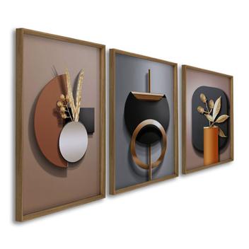 Quadro Decorativo Geométrico Abstrato Marrom com 3 Telas 50x75 e 60x90 ...
