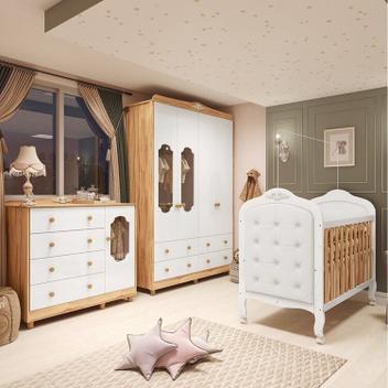 Quarto de Bebê com Guarda-roupa Cômoda e Berço com Capitonê 100% Mdf ...