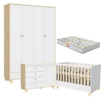 Quarto de Bebê Rope 4 Portas Natural Branco com Colchão Gazin Matic ...
