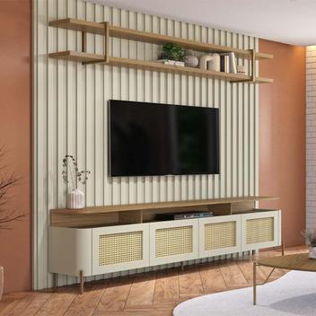 Rack com Painel Ripado 240cm e Prateleira para sala 100% MDF - Casa Lar ...