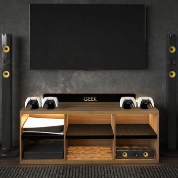 Rack Estante Bancada Gamer Geek Madeira Com Metal Com Led Incluso - E ...