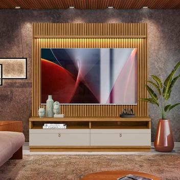 Rack Para Sala Com Painel 75 Polegadas Com LED Nature Off White Ouro ...