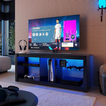Rack para TV Preto Gamer 55 Polegadas 2 Prateleiras Vidro LED RGB ...