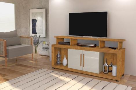 Rack RU Com Rodízios 2 Portas Para TV Até 60'' Polegadas Cor Ipê / Off ...