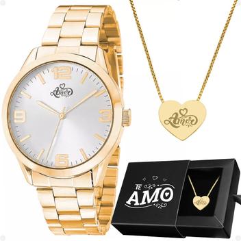 relogio feminino dourado aço + caixa + colar coração amor casual edição ...