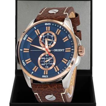 Relógio Orient Masculino Prata Original Coroa Bronze Pulseira de Couro ...