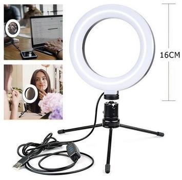 Ring light iluminador led usb 16cm com tripé de mesa branco controle de luz estúdio blogueira ...
