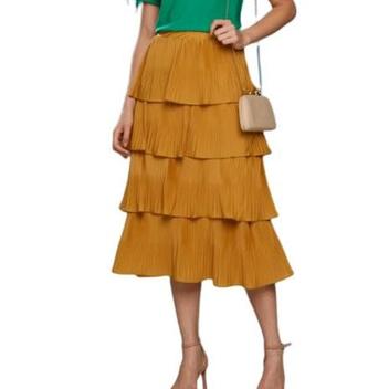 Saia mid plissada em camadas tendência moda feminia fashion - Filó ...