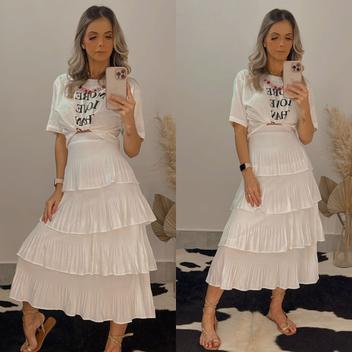 Saia Midi Plissada Babados 4 Camadas Branca - Anna - Saia Feminina ...
