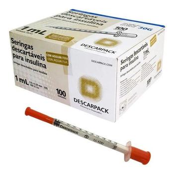 Seringa 30g 100ui ag. 8,0x0,30mm 1 ml caixa com 100 unidades descarpack ...