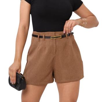 Short Feminino Linho Cintura Alta Alfaiataria C/ Cinto Bolso - Thiá ...