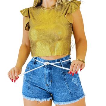 Short Jeans Feminino Marmorizado Com Cordão Cintura Alta Cós Alto Barra ...