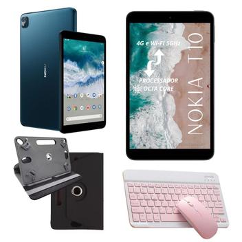Tablet Nokia T10 4G 64Gb 3Gb Ram Tela 8" + Kit Teclado Rosa BT e Capa ...