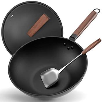 Todlabe Nonstick Wok, 13 polegadas Carbon Steel Wok Pan com tampa Woks ...