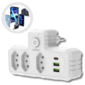 Tomada de Energia Adaptador Auto Max 10A 3 Tomadas 2 Porta USB e Tipo -C Filtro de Linha ...