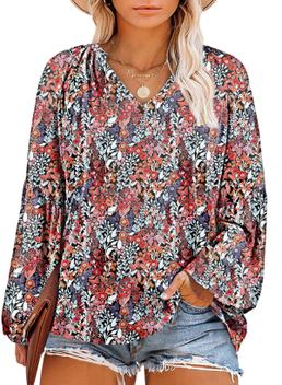 Top Eytino Plus Size com decote em V, manga comprida, floral, 3X - Top ...