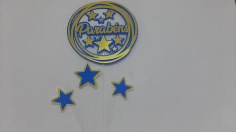 Topo de Bolo Aniversário Parabéns Estrelas Azul e Dourado - MIWL ART ...