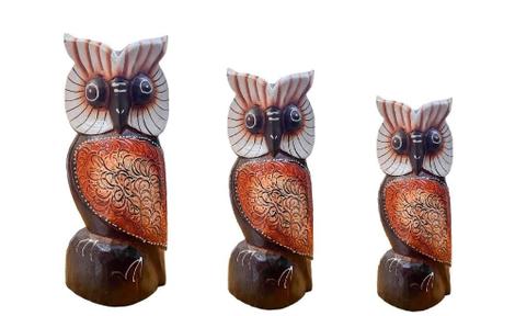Trio de corujas decor pintada artesanal em madeira - bali - Wood ...