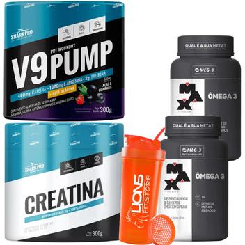 V9 Pump Shark Pro 300g Pré Treino+Creatina Pura 300g Shark Pro+2x Ômega ...