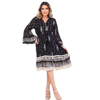 Vestido Bata Curto Feminino Crepe Bordado com Lurex Manga Flare Boho Chic - Bella Modas ...