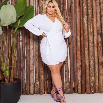 Vestido feminino plus size branco com forro envelope amarração manga ...