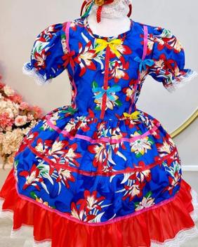 Vestido Infantil Junino Azul C/ Desenho de Flores Luxo - Mali Modinha ...