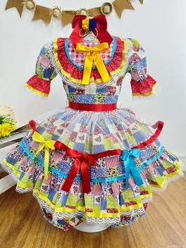 Vestido Infantil Junino Azul Com Estampa Colorida Festas - Mali Modinha ...