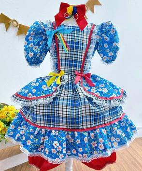 Vestido Infantil Junino Azul Xadrez Colorido Florzinhas - Mali Modinha ...