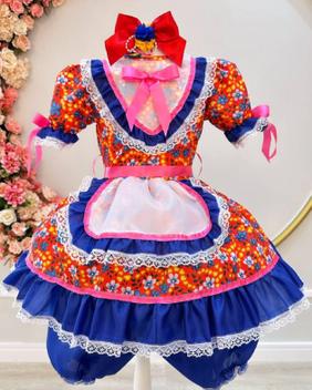 Vestido Infantil Junino Laranja Desenho Flores Coloridas (6036LA ...