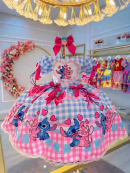 Vestido Infantil Lilo Stitch e Angel Xadrez Azul Festas - Mali Modinha ...