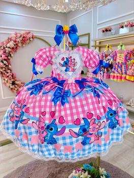 Vestido Infantil Lilo Stitch e Angel Xadrez Rosa Festas - Mali Modinha ...