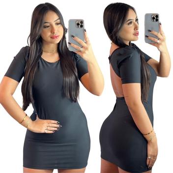 Vestido Liso Ajustado Manga Curta Aberto nas Costas Com Bojo - Gringas ...
