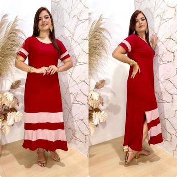Vestido Longo Feminino Bicolor LISTRA de Manguinha Casual Moda Evangélica Plus Size Envio ...