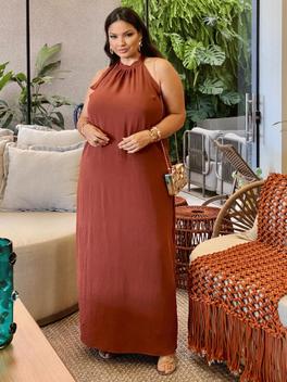 Vestido Longo Plus Size Frente Única Faixa Ajustável Amarração Casual ...