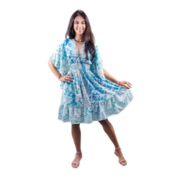 Vestido seda curto com manga estampado azul água LDR-16G-SHORT - KIARA ...