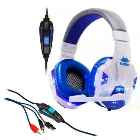 Headset Gamer com Microfone Branco e Azul com Iluminação USB PC PS3 PS4 ...