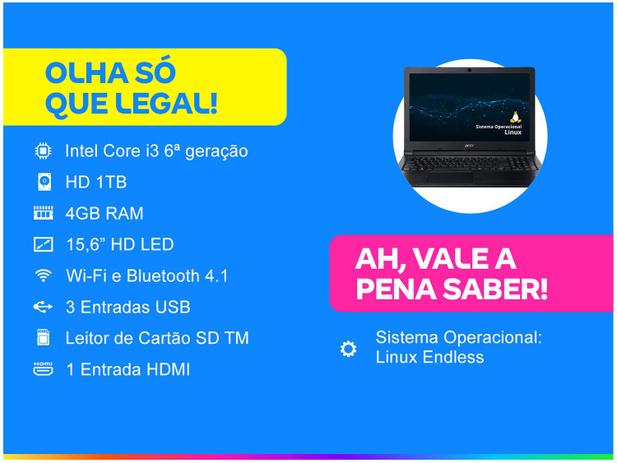 Notebook Acer Aspire 3 A315-53-3470 Intel Core i3 - 4GB 1TB 15,6” Linux - Magazine Sinhachiquinha