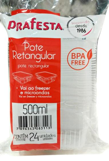 1. Pote Retangular Marmita Fitness para Freezer e Microondas 500ml - 24 unid Prafesta - Pote ...