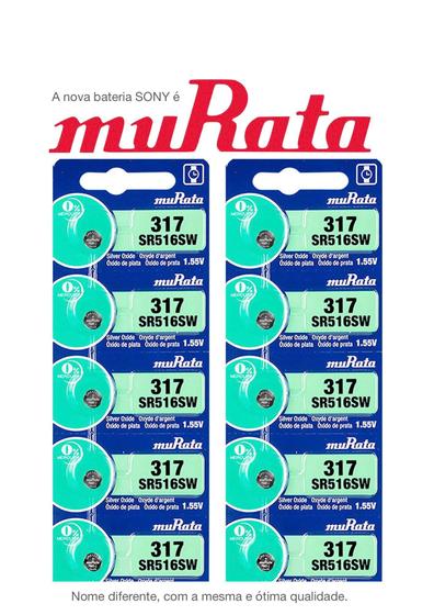 10 Baterias Murata 317 SR516SW 1.55V Célula de Botão de Relógio de Óxido de Prata - Sony Murata ...